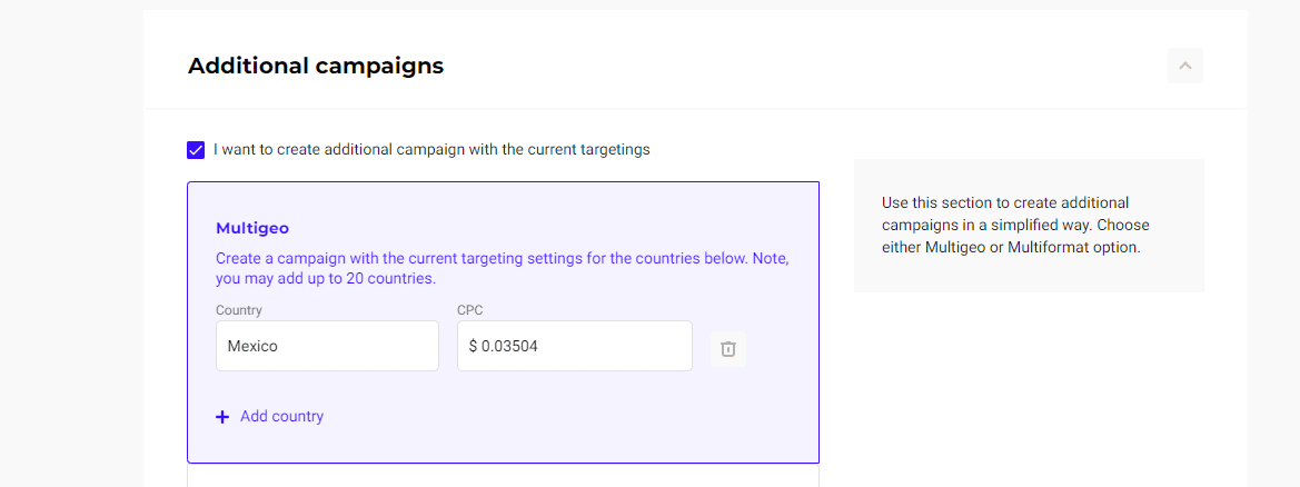 Create up to 20 doubles of the campaign with the Multigeo feature ...